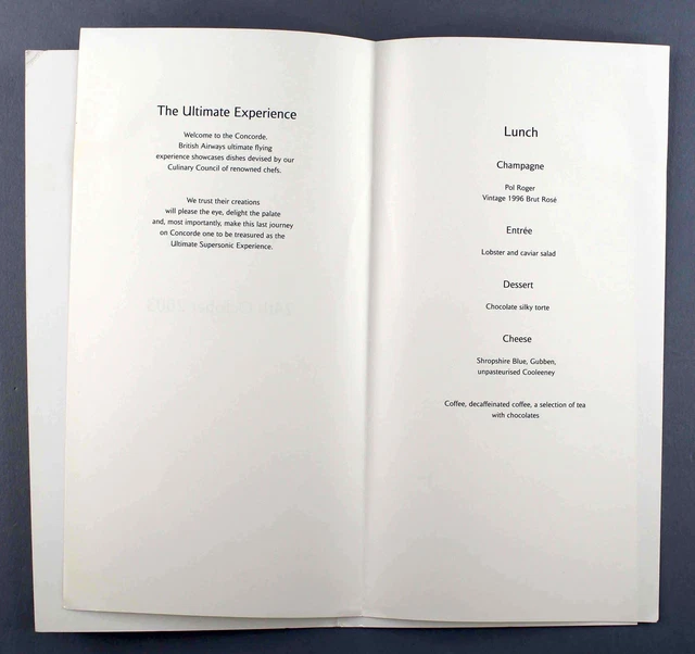 BRITISH AIRWAYS CONCORDE Menu Last Final Flight 24 October 2003 Ba £499 ...