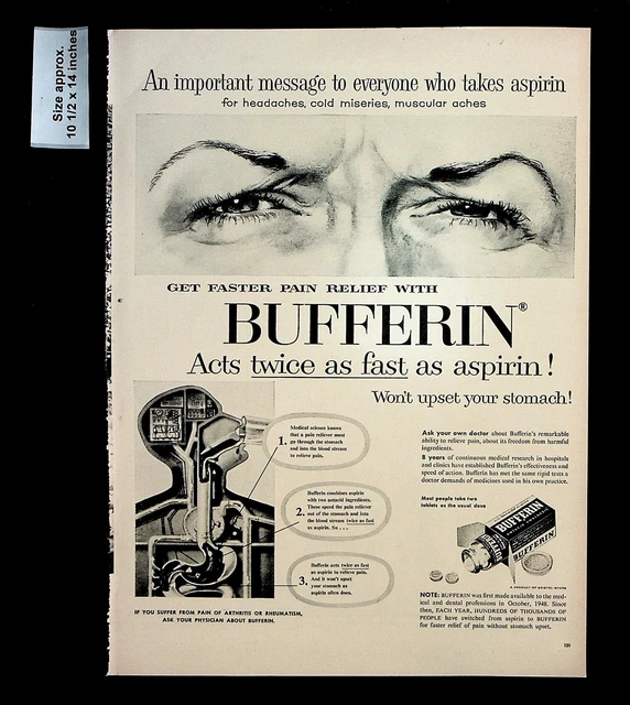 1955 BUFFERIN PAIN Relief Upset Stomach Antacid Analgesic Vintage Print ...