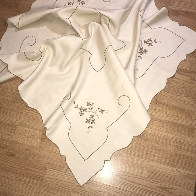 VINTAGE BEIGE 100% Linen Square Embroidered Scalloped Edges Tablecloth ...