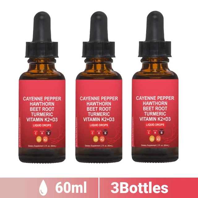 3 X CAYENNE Pepper Hawthorn Beet Root Turmeric Vitamin K2+D3 Liquid ...