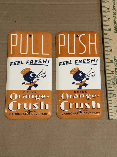 VINTAGE STYLE ORANGE Crush Door Pull Push Combo Porcelain Soda Signs ...