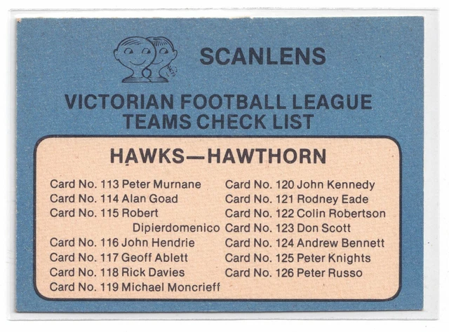 SCANLENS 1981 VFL Footy Card Hawthorn Checklist Logo Emblem Unmarked ...