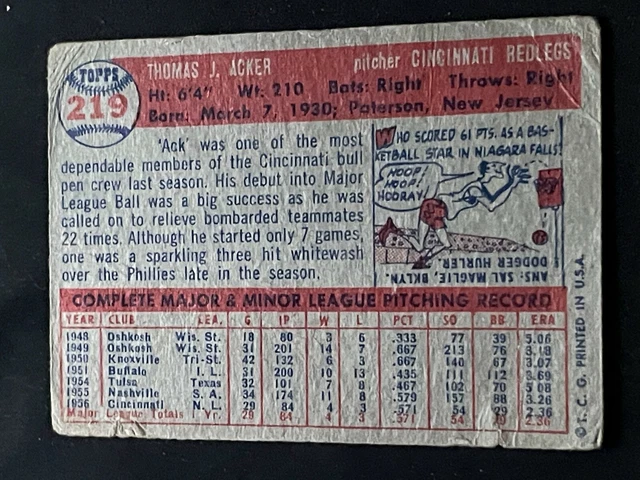 1957 TOPPS TOM ACKER RC, FR, Cincinnati Redlegs, No.219 $5.00 - PicClick CA