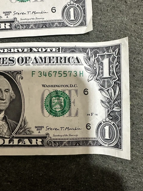 LOT OF 3 Consecutive Serial Number $1 One Dollar Bills 2017A Miss Print ...