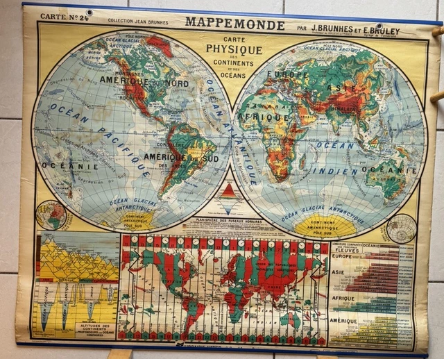 ANCIENNE RARE CARTE scolaire Hatier Brunhes 24 Bis 1940 Mappemonde, planisphère EUR 99,00 ...