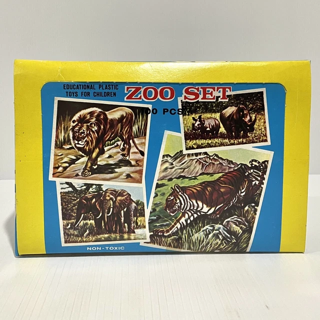 VINTAGE PLASTIC ANIMALS Zoo Set In Box - 100 Pcs Made In Hong Kong New ...