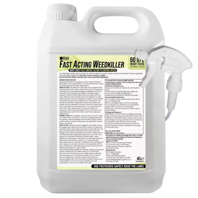 ELIXIR GARDENS 4 Litre Strong Fast-Acting Weedkiller with Spray Head ...