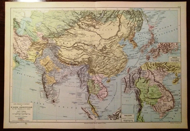 CARTA GEOGRAFICA ANTICA ASIA INDOCINA ante 1° Guerra Mondiale 1912 ...