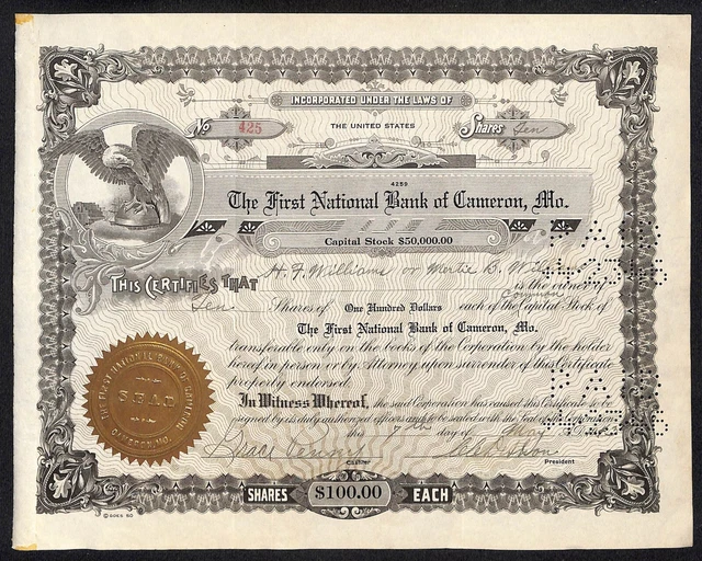 FIRST NATIONAL BANK of Cameron, MO 1943 Stock Certificate H.F. Williams ...