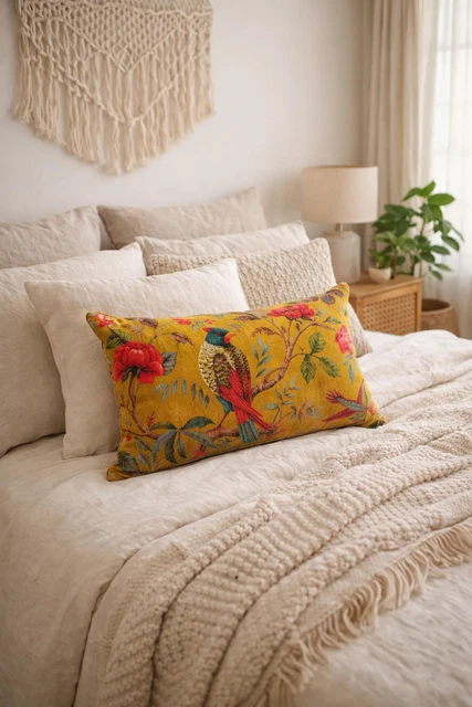 MUSTARD BIRD LUMBAR Cotton Velvet Cushion Cover | Glam Thread £17.88 ...