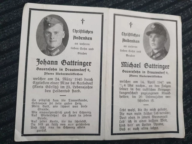 ORIGINAL GERMAN WW2 death Card Brothers Gattringer March 1945 Explosion ...