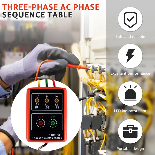 3-PHASE AC VOLTAGE Tester 60V-600V 3 Phase Sequence Presence Rotation ...