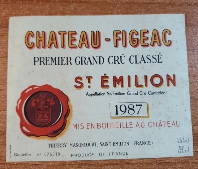 ETIQUETTE DE VIN/ Wine Label FIGEAC 1987 décollée numérotée EUR 1,99 ...