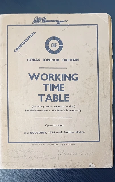 CIE IRISH RAILWAY Working Train Timetable 1975 £11.11 - PicClick UK
