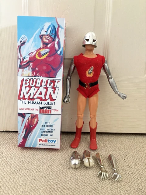 VINTAGE PALITOY 1970S action man figure Bullet Man with repro box £120. ...