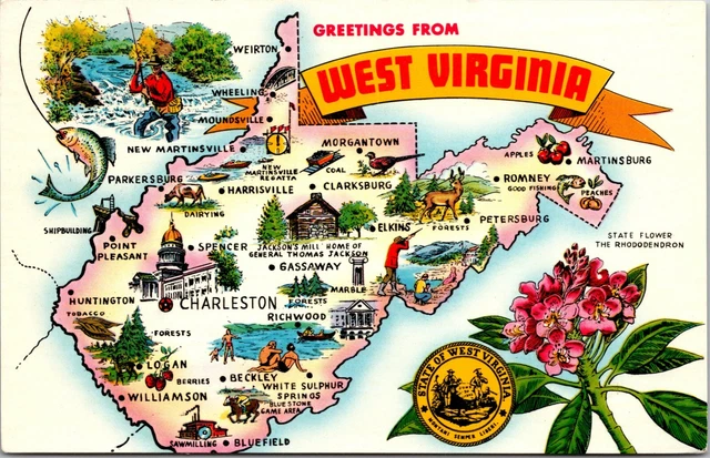 WEST VIRGINIA STATE Map Labeled Landmarks Unposted Circa 1960 Postcard ...