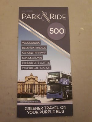 OXFORD BUS COMPANY Route 500/Park & Ride timetable Jan 2020 edition £1. ...
