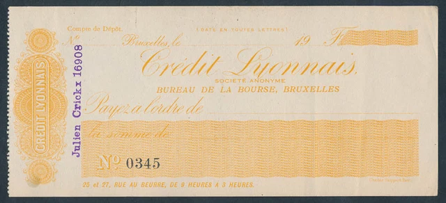 BELGIUM: 1920S CREDIT Lyonnais "SCARCE UNISSUED CHEQUE" + Duty Stamp $9 ...