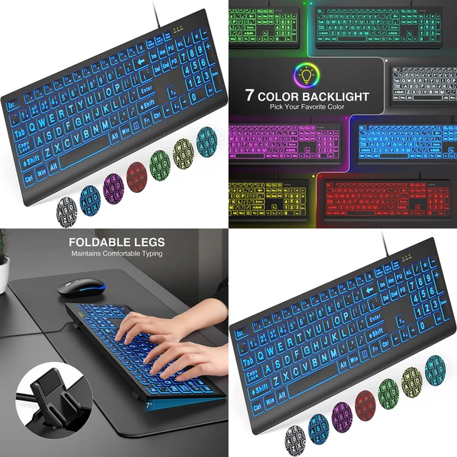 LARGE PRINT BACKLIT Keyboard, Wired USB Lighted Computer Keyboard with ...