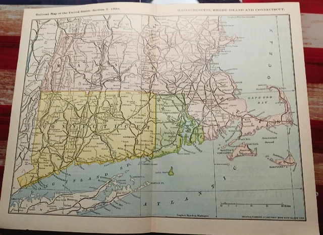 1904 DATED RAILROAD Map Massachusetts CT R.I. all Lines & Train Routes ...