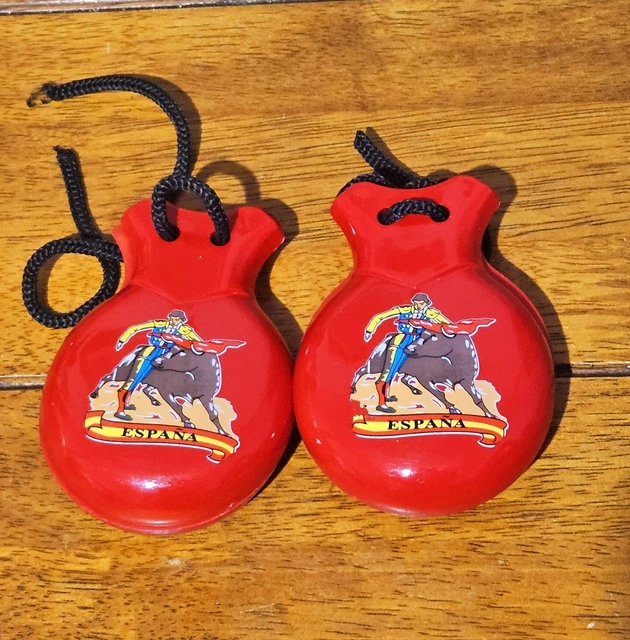 2 VINTAGE HAND Carved Wooden Castanets Clackers Dancers & Bull Fighter ...