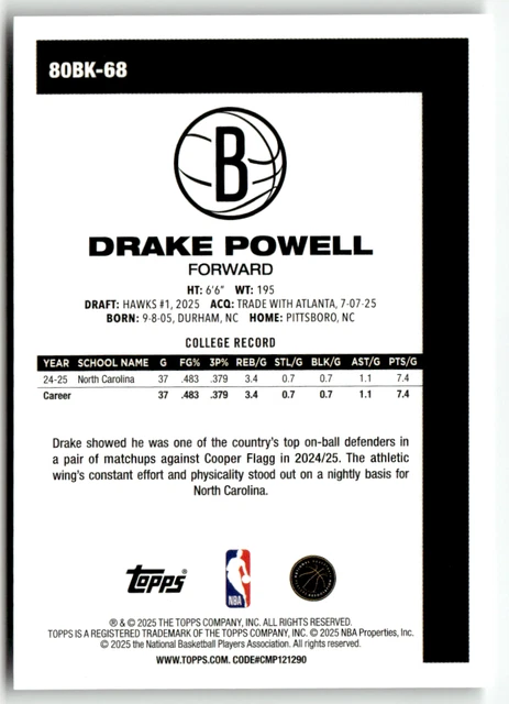 TOPPS NBA FLAGSHIP 2025 N º 80BK-68 Drake Powell Rookie EUR 1,82 ...