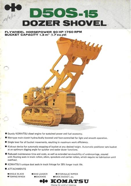 EQUIPMENT DATA SHEET - Komatsu - D50-S - Dozer Shovel - c1975 ...