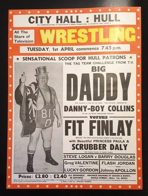 VINTAGE BRITISH WRESTLING Poster Hull 1986 Big Daddy Fit Finlay Logan ...