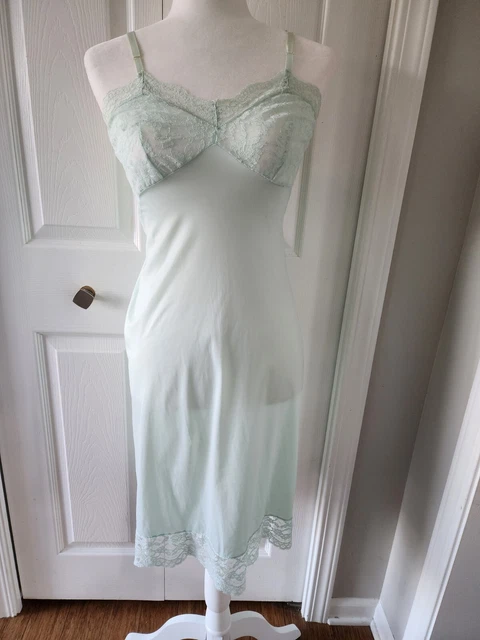 Vintage 70s 80s Vanity Fair Nightgown Nylon Sz 32 S Light Aqua Lace Adj