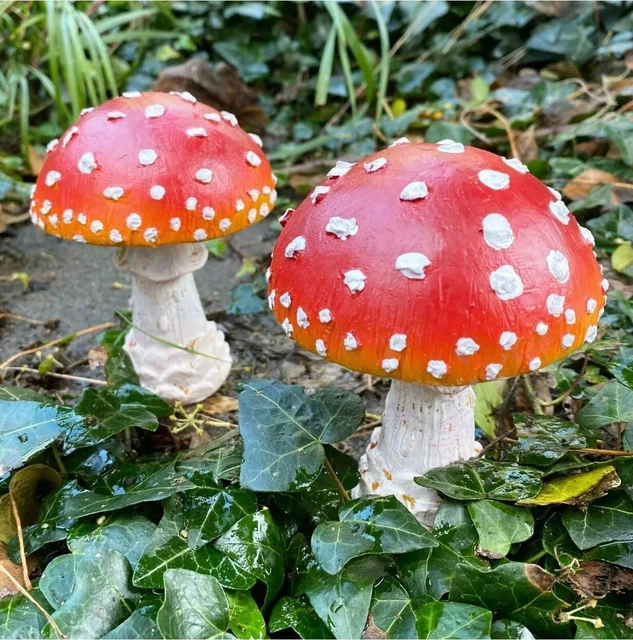 PAIR OF MUSHROOM Garden Ornaments Red Cap Toadstool Fairy Garden ...