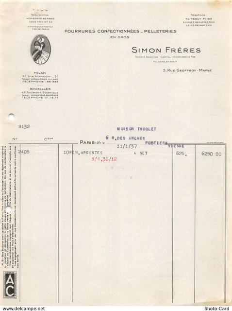 1937 FOURRURES CONFECTIONNEES Pelleteries Simon Freres Paris-Maison ...
