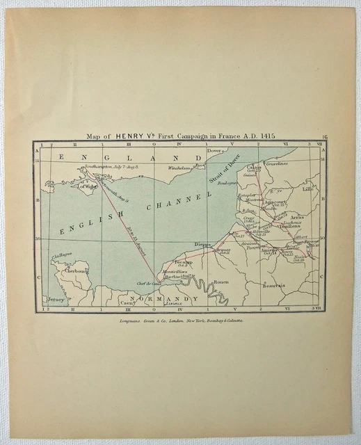VINTAGE LONGMANS MAP of Henry the 5th's First Campaign in France 1415 £ ...