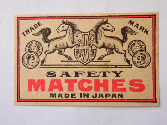 SAFETY MATCHES MATCH BOX LABEL c1920s MADE in JAPAN 2 HORSES with ...