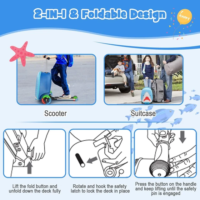 KIDS RIDE-ON SUITCASE Scooter, 2-In-1 Carry-On Luggage & Travel Scooter ...