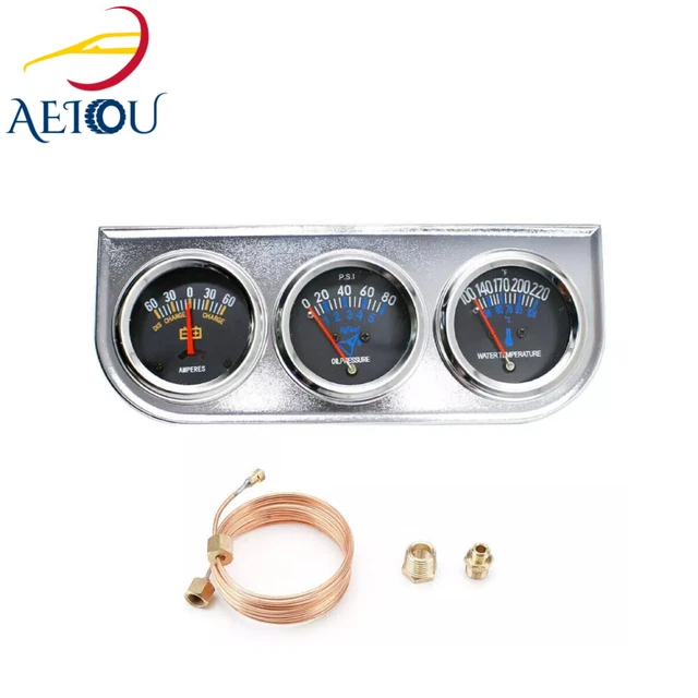 CHROME 2'' 52MM Mechanical Triple Gauge Set Oil Pressure Water Temp AMP ...
