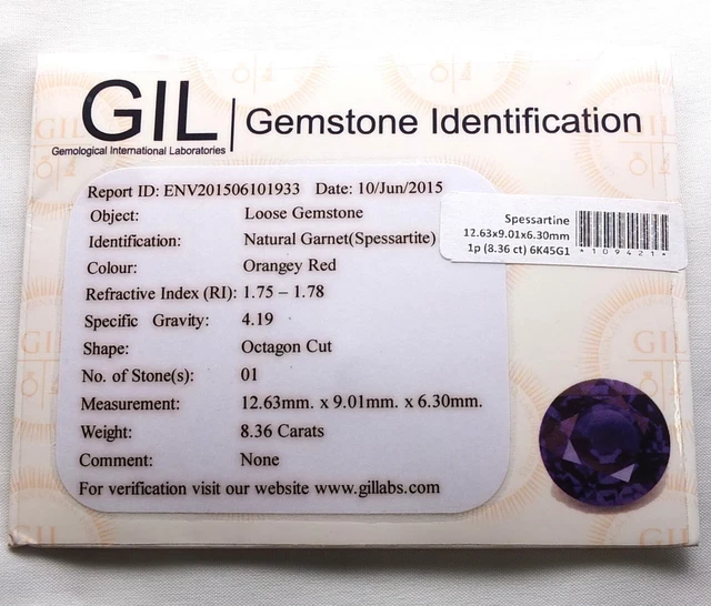 SHOLA GIL CERTIFIÉ 8,36 Carats Naturelle Foncé Rouge Spessartine Grenat ...