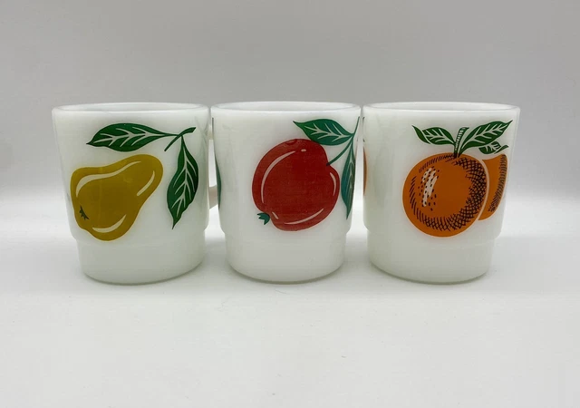 3 TERMOCRISA MILK Glass Stacking Mugs Cups Fruit Pear Apple Oranges ...