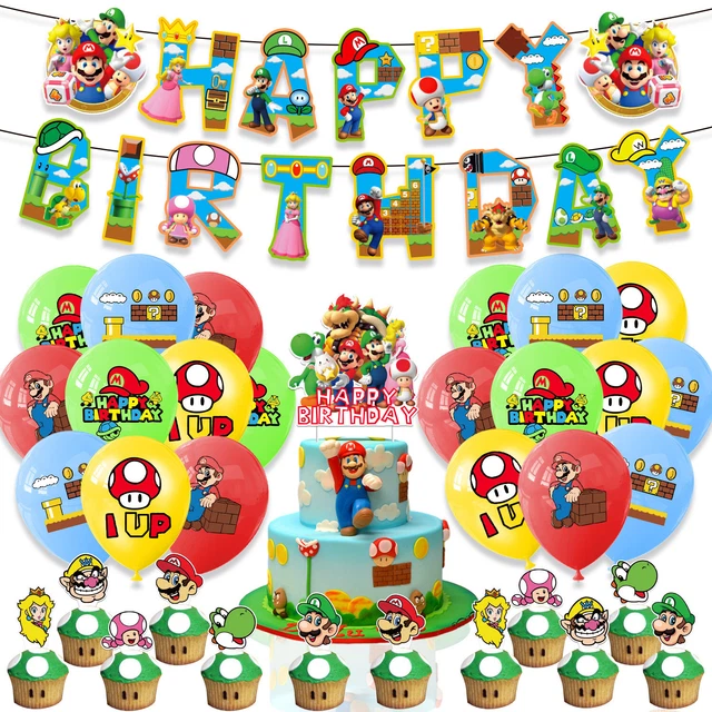 SUPER MARIO HAPPY Birthday Banner Cake Topper Balloon Party Supplies £ ...