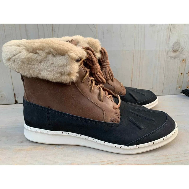 UGG ROSKOE MEN Boots Biker NY Black Brown Leather Shearling Fur Wool UK ...
