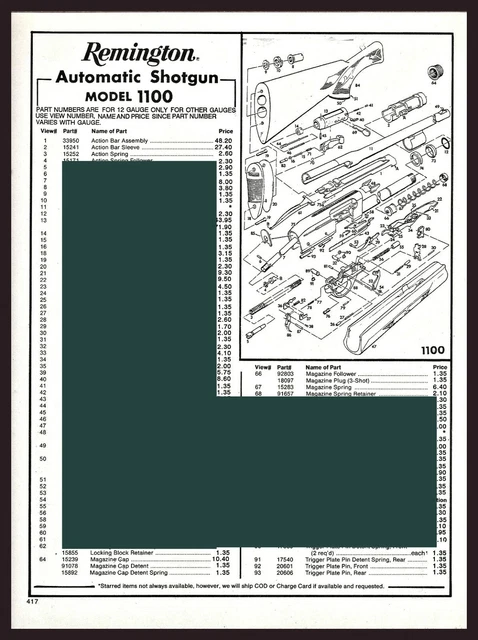 1993 REMINGTON MODEL 100 Shotgun Schematic Exploded View Parts List Ad ...