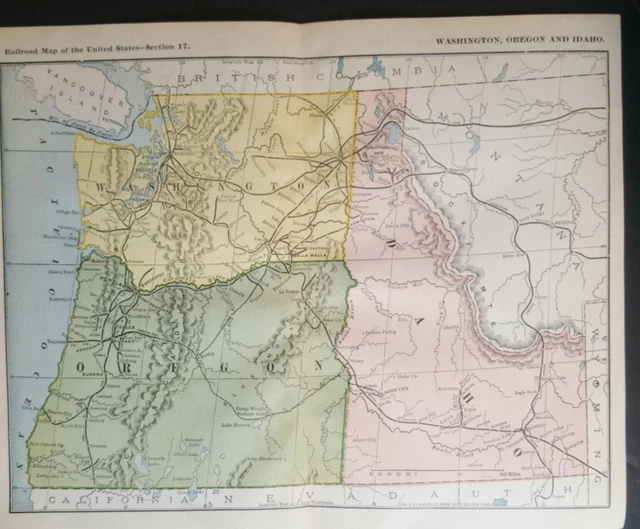 ORIGINAL 1894 RAILROAD map by American Bank Note Co. IDAHO Oregon ...