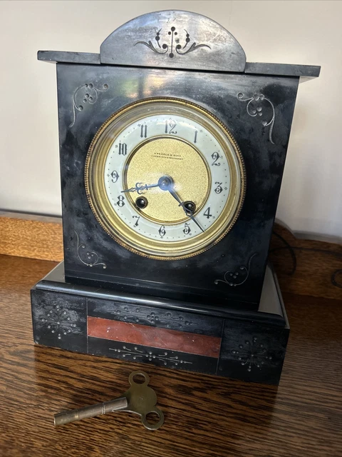 ANTIQUE GERMAN H.A.C. SLATE & MARBLE MANTEL CLOCK. WORKING 27 cm TALL ...