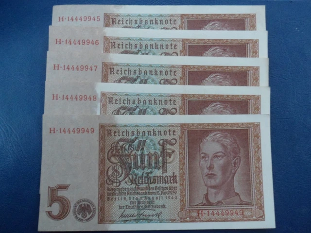 1942 THIRD REICH 5 Reichsmarks Banknotes 5 Consecutive-Hitler Youth-Stk ...