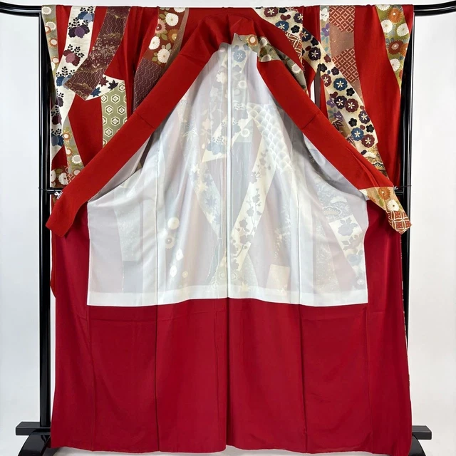FURISODE KIMONO 166CM Body Length, 67.5cm Sleeve, Red Silk, floral ...