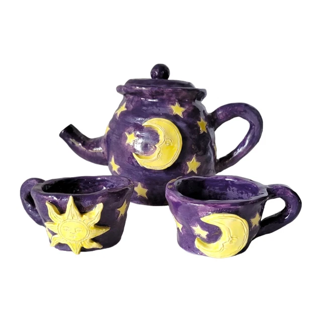 WHIMSICAL CELESTIAL TEAPOT Cup Set Hand Crafted Art Pottery Sun Moon ...
