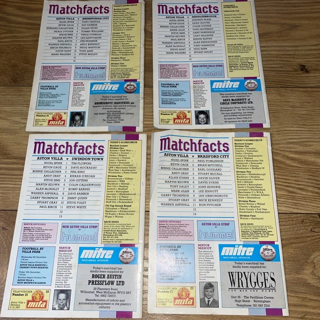 VINTAGE ASTON VILLA Football Programmes x 4 - Season 1987-1988 £6.52 ...
