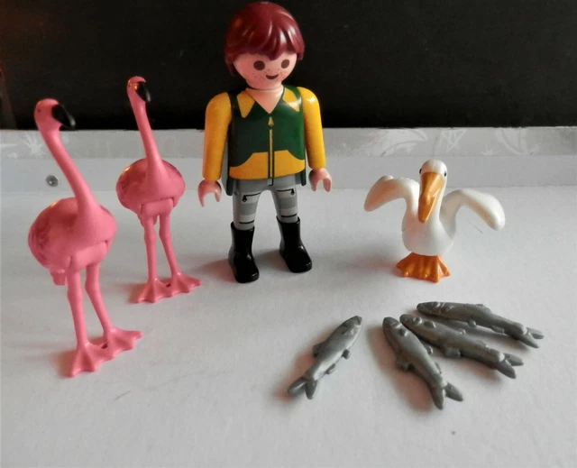 PLAYMOBIL 4758, GARDIEN de zoo avec flamants rose et pélican + poissons ...