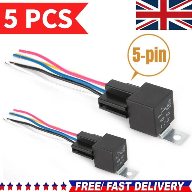 5PCS 5-PIN RELAY with 5 pin socket lines 30/40A SPDT Automotive Relay ...