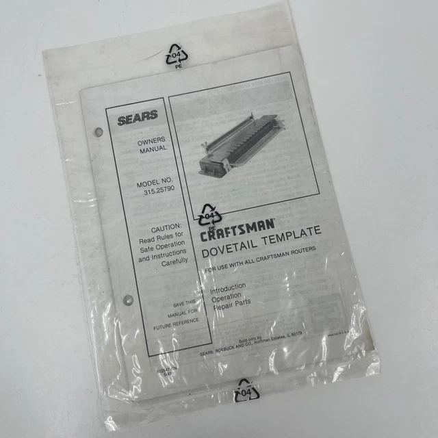 SEARS CRAFTSMAN DOVETAIL Template Owners Manual Booklet Model No. 315. ...
