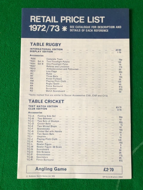 SUBBUTEO RETAIL PRICE LIST 1972-73, incl Angling, referee's whistle ...